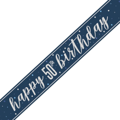 50th Birthday Glitz Navy Blue & Silver Foil Banner - 9ft (1)