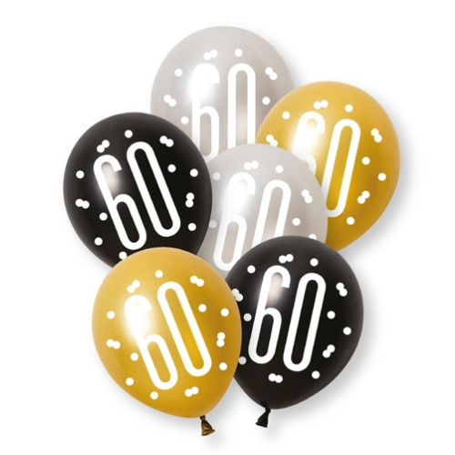 12 inch 60th Birthday Black & Gold Glitz Assorted Latex Balloons (6)