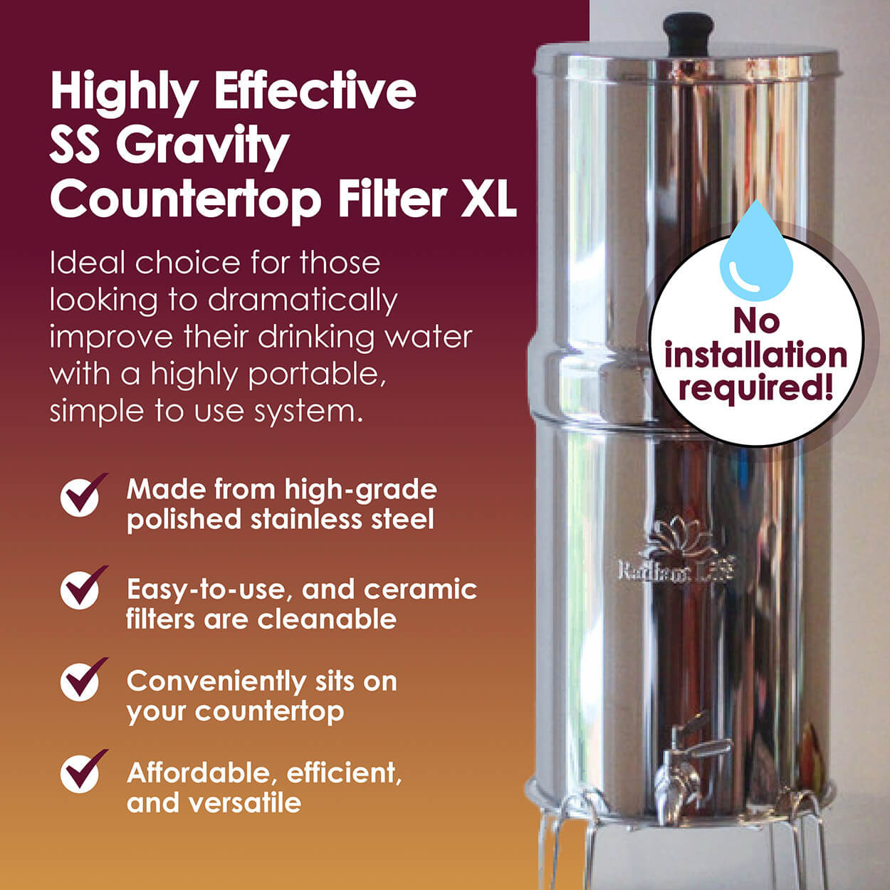 SS Gravity Countertop Water Filter by Radiant Life
