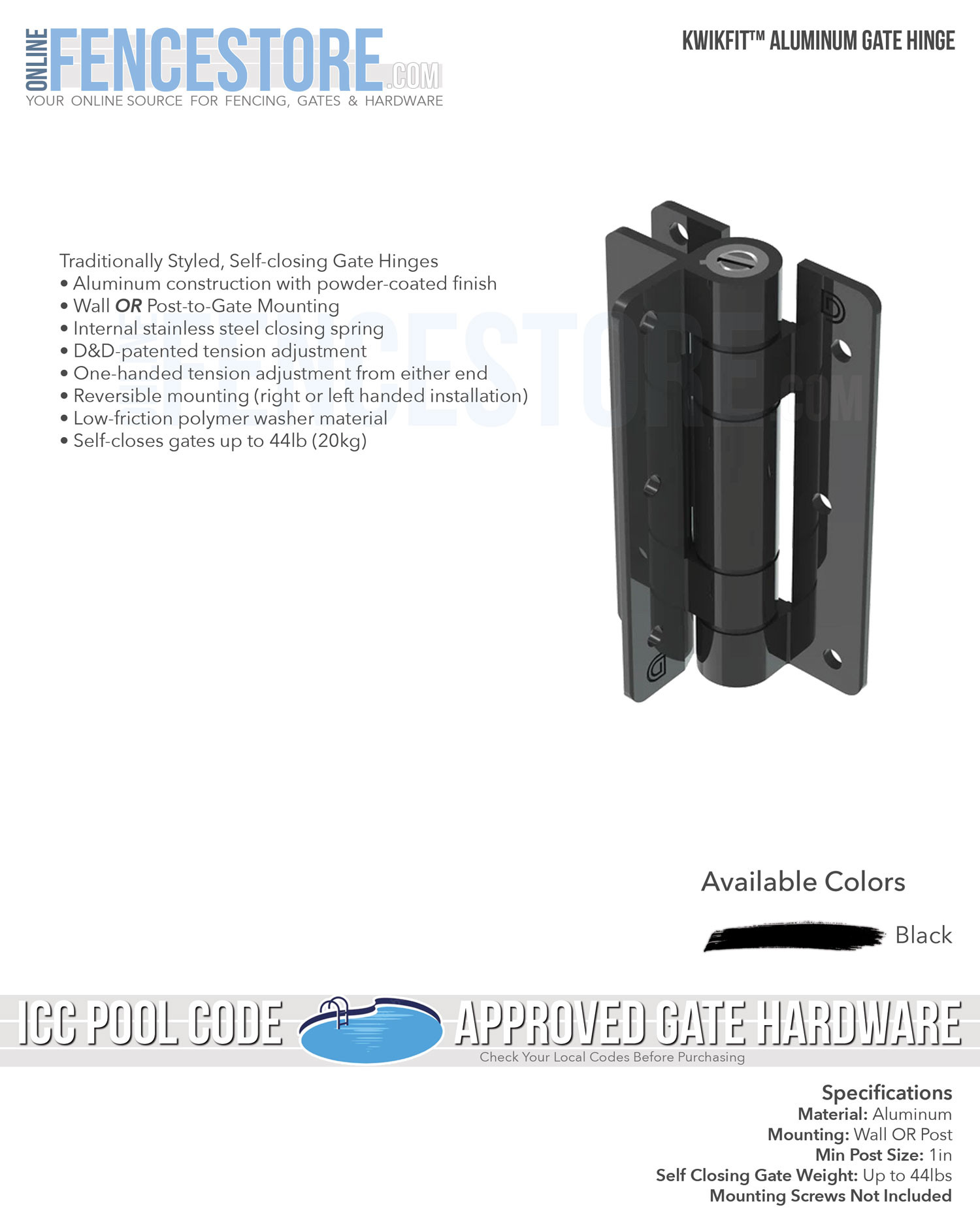 KwikFit™ Aluminum Gate Hinge - KF3ABL - 1pc. Package