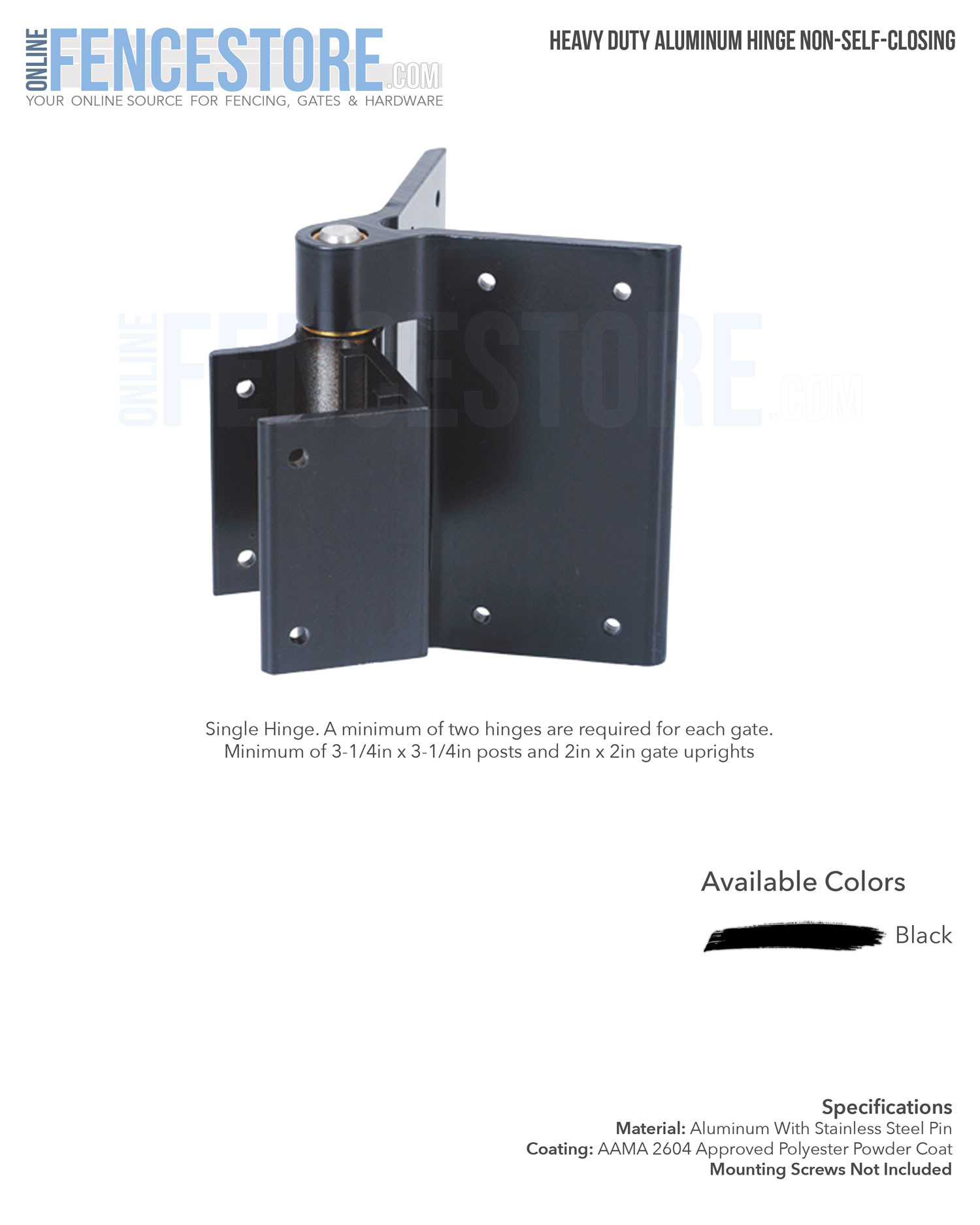 Heavy Duty Aluminum Hinge Non-Self-Closing - 1pc. Package