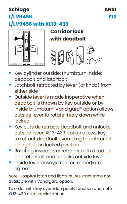 Schlage L9456L 06A OS-OCC Corridor Mortise Lock w/ Exterior Vacant ...