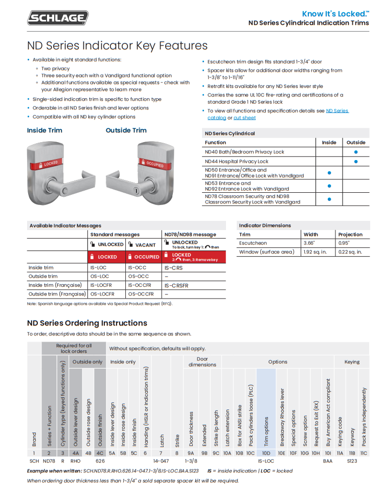 Schlage ND40S SPA OS-OCC Bath/Bedroom Privacy Lever Lock w/ Exterior ...