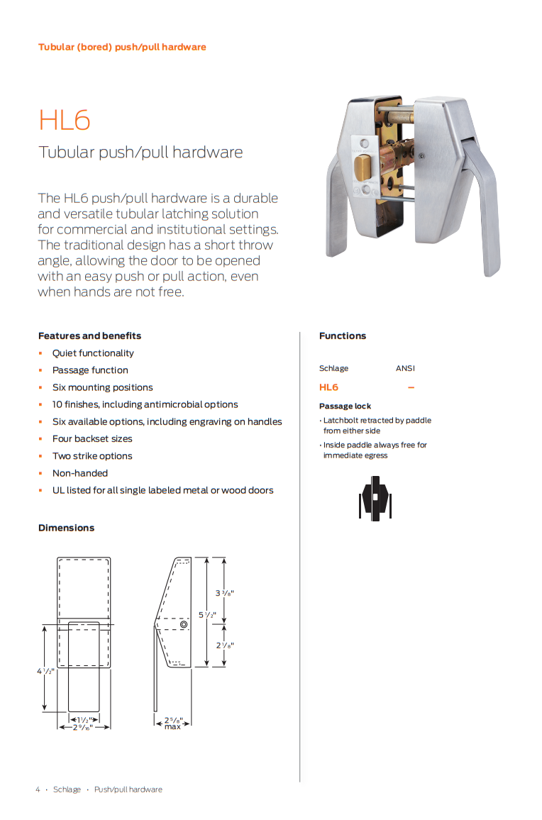 Schlage HL6-2 Hospital Push Pull Latch