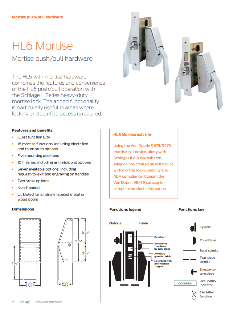 Schlage HL6-9070 Hospital Push/Pull Mortise Latch, Classroom Function