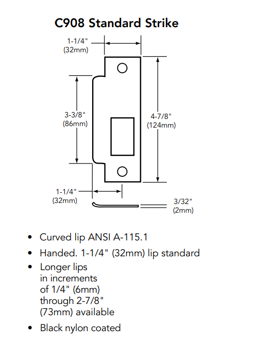 Sargent C908 BLACK Curved Lip Strike, 8300, 8900, 9900, Black
