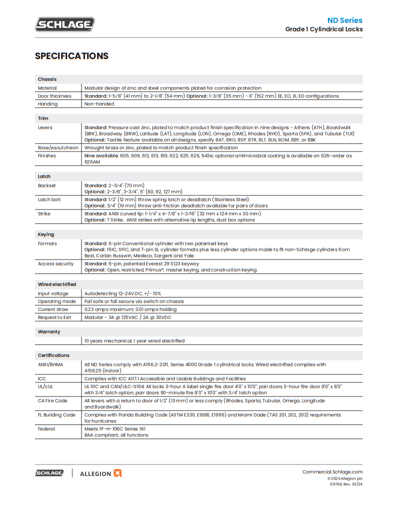 Schlage ND10S RHO Heavy Duty Passage Lever Lock, Rhodes Style