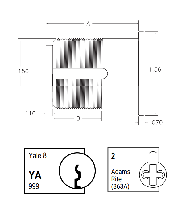 Kaba Ilco 7165YA2-KA2 1" Mortise Cylinder, Yale 8 Keyway, Adams Rite ...