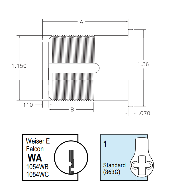 Kaba Ilco 7185WA1-KA2 1-1/8" Mortise Cylinder, Weiser E, Falcon Keyway ...