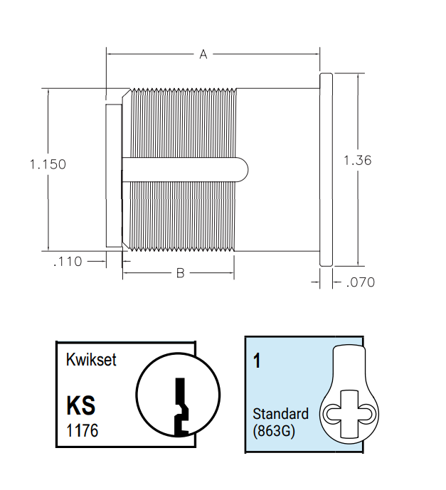 Kaba Ilco 7205KS1-KA2 1-1/4" Mortise Cylinder, Kwikset Keyway, Standard ...