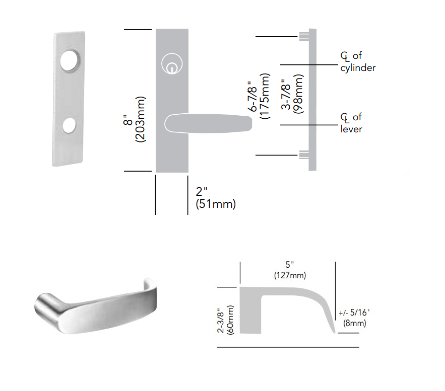 Sargent TR-8237 LW1L Classroom Mortise Trim Pack, LW1 Escutcheon, L Lever