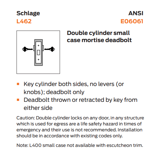 Schlage L462L Double Cylinder Small Case Mortise Deadbolt, Less Cylinder