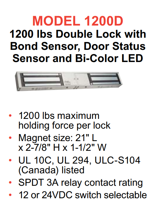 Alarm Controls 1200D Electromagnetic Double Magnetic Lock, 1200 lbs ...