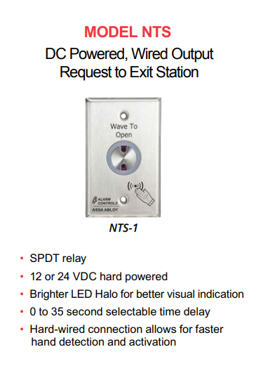 Alarm Controls NTS-1 DC Powered No Touch Sensor w/ Single Gang Wall Plate