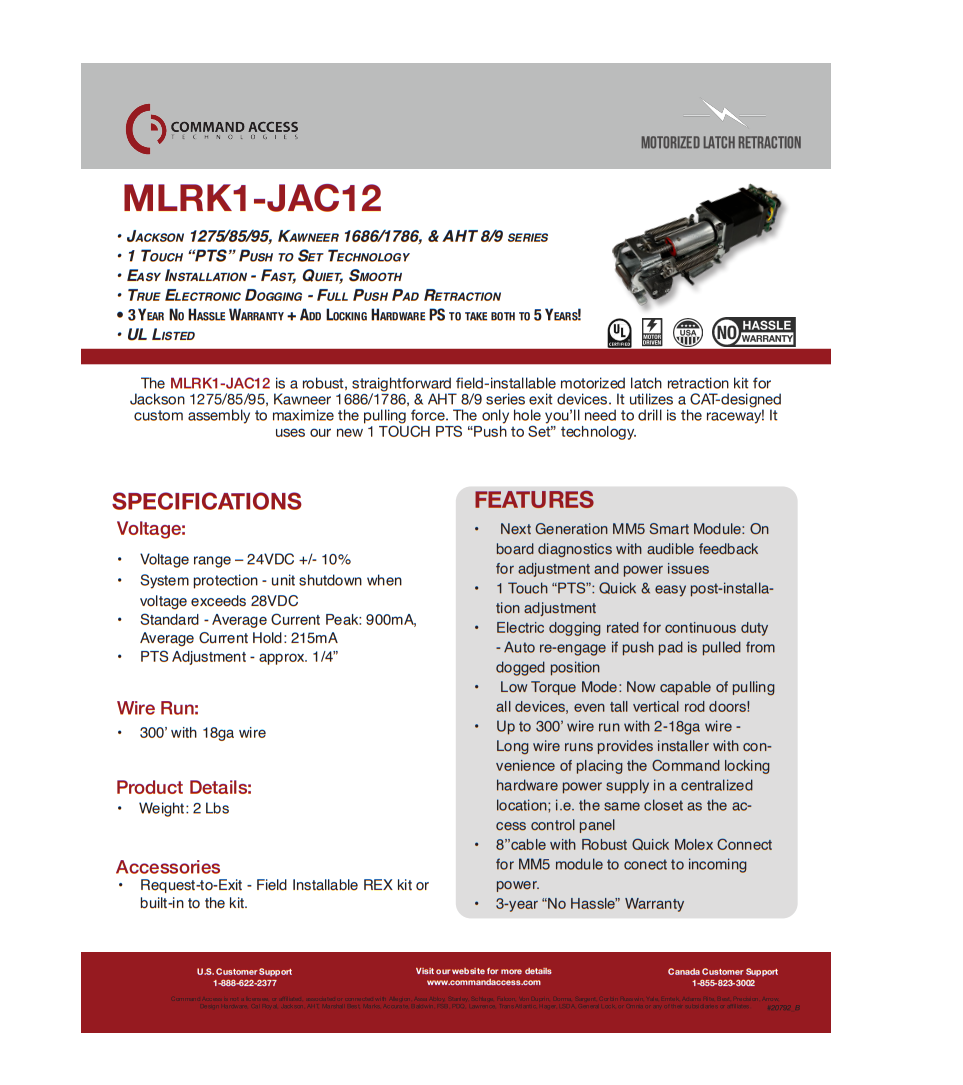 Command Access MLRK1-JAC12-REX Motor Latch Retract Kit for Jackson 1285 ...