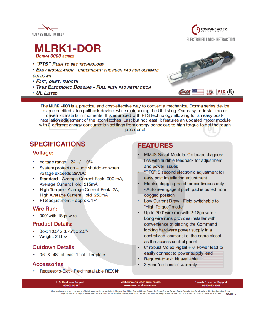 Command Access MLRK1-DOR Motor Latch Retract Kit for Dorma 9000 Series