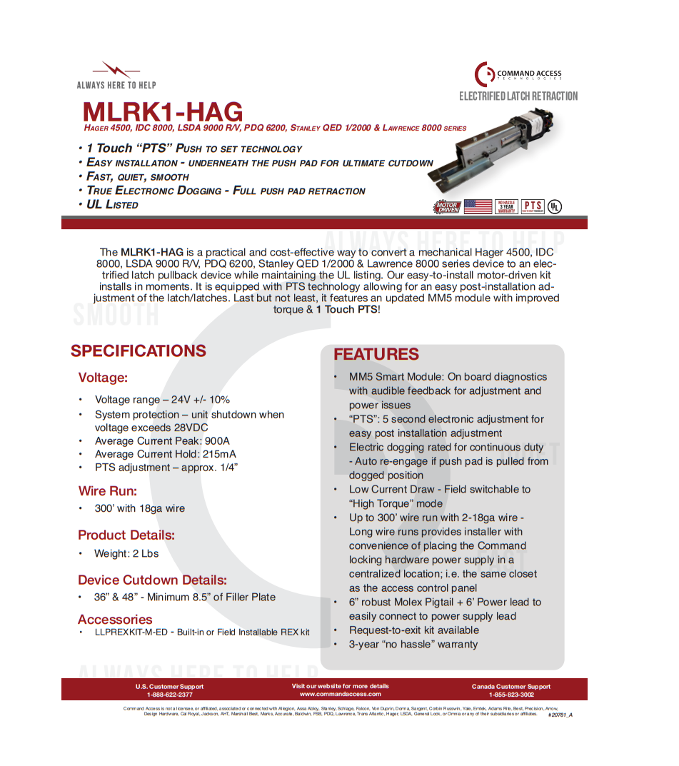Command Access MLRK1-HAG Motor Latch Retract Kit for Hager 4500 Series