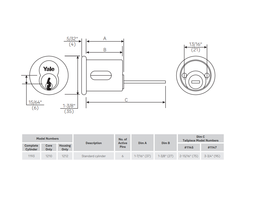 Accentra (Yale) 1193 6 6-pin LFIC Rim Cylinder w/ Core