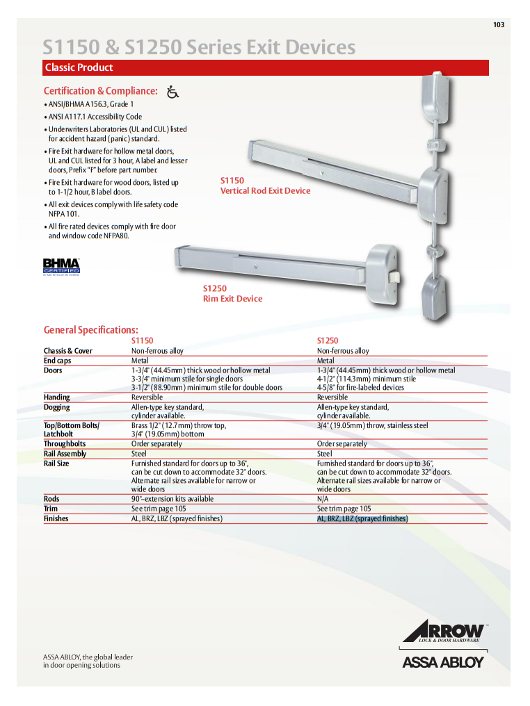 Arrow S1250 Rim Exit Device