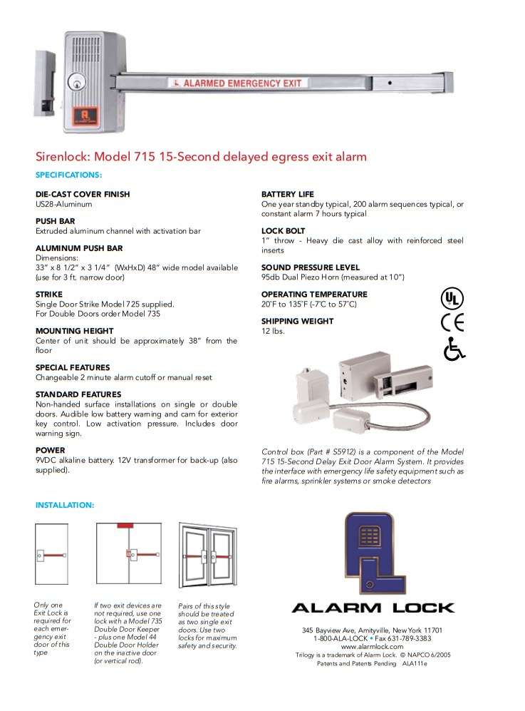 Alarm Lock 715X28X88 Sirenlock Delayed Egress Exit Alarm, Aluminum Finish