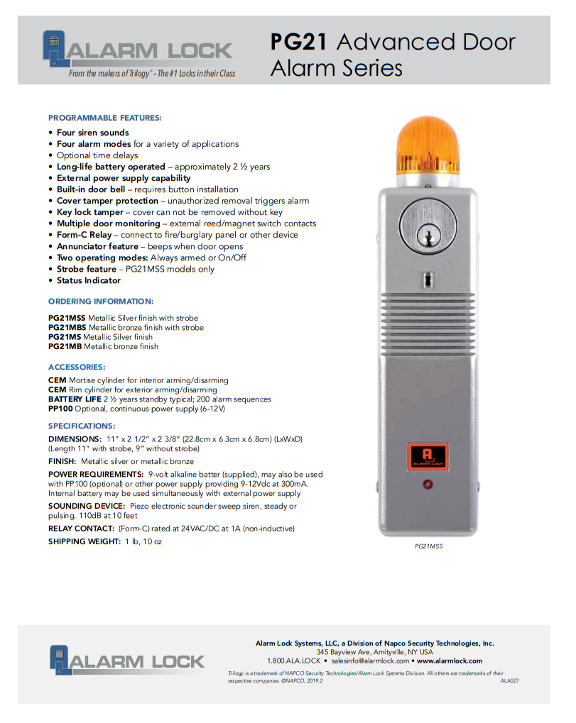 Alarm Lock PG21MSS Narrow Stile Door Alarm w/ Strobe, Aluminum Finish