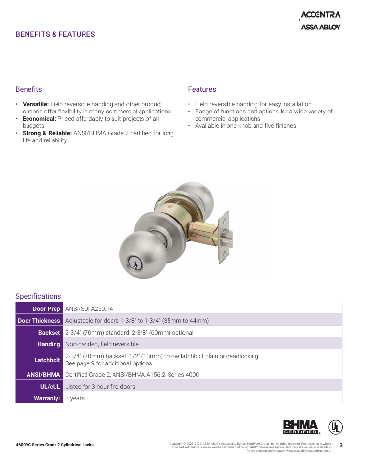 Accentra (Yale) CA4607 630 Grade 2 Entry Cylindrical Lock w/ Carolina ...