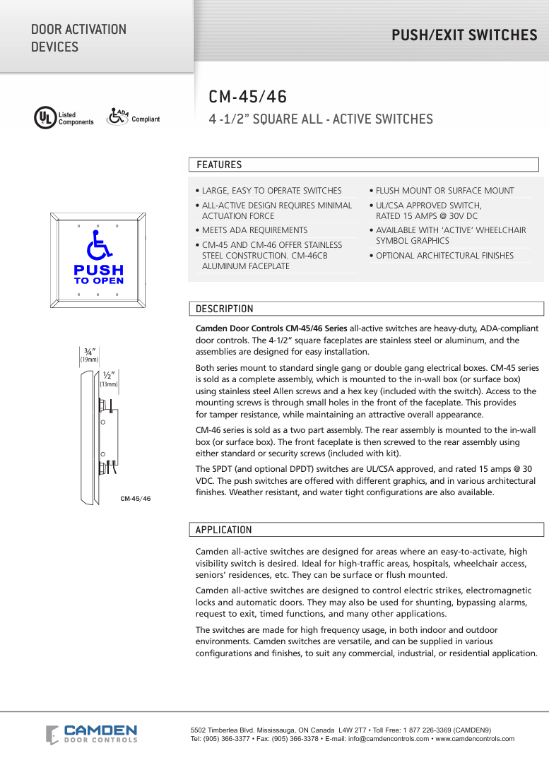 Camden CM-45/4 4-1/2" Square Push Plate Switch, Push to Open Text ...