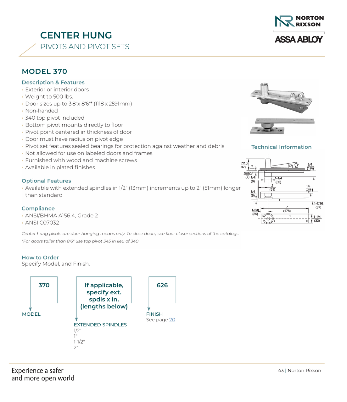 Rixson 370 Center Hung Pivot Set, Includes 340 Top Pivot, 500lbs Max ...