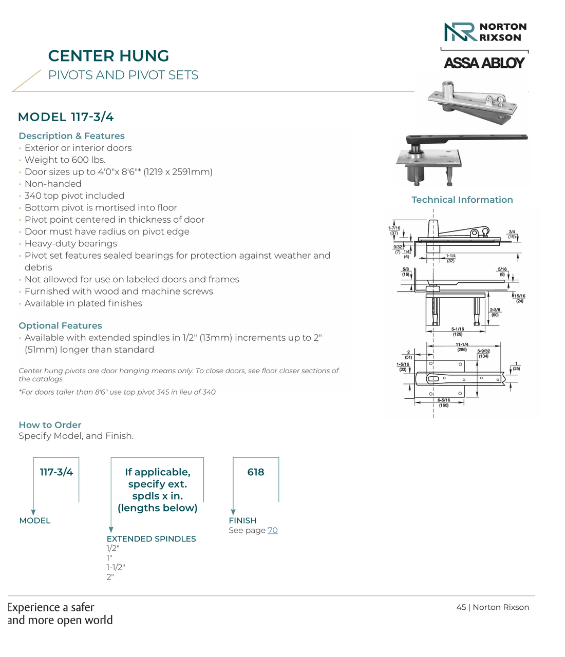 Rixson 117-3/4 626 Center Hung Pivot Set, Includes 340 Top Pivot ...