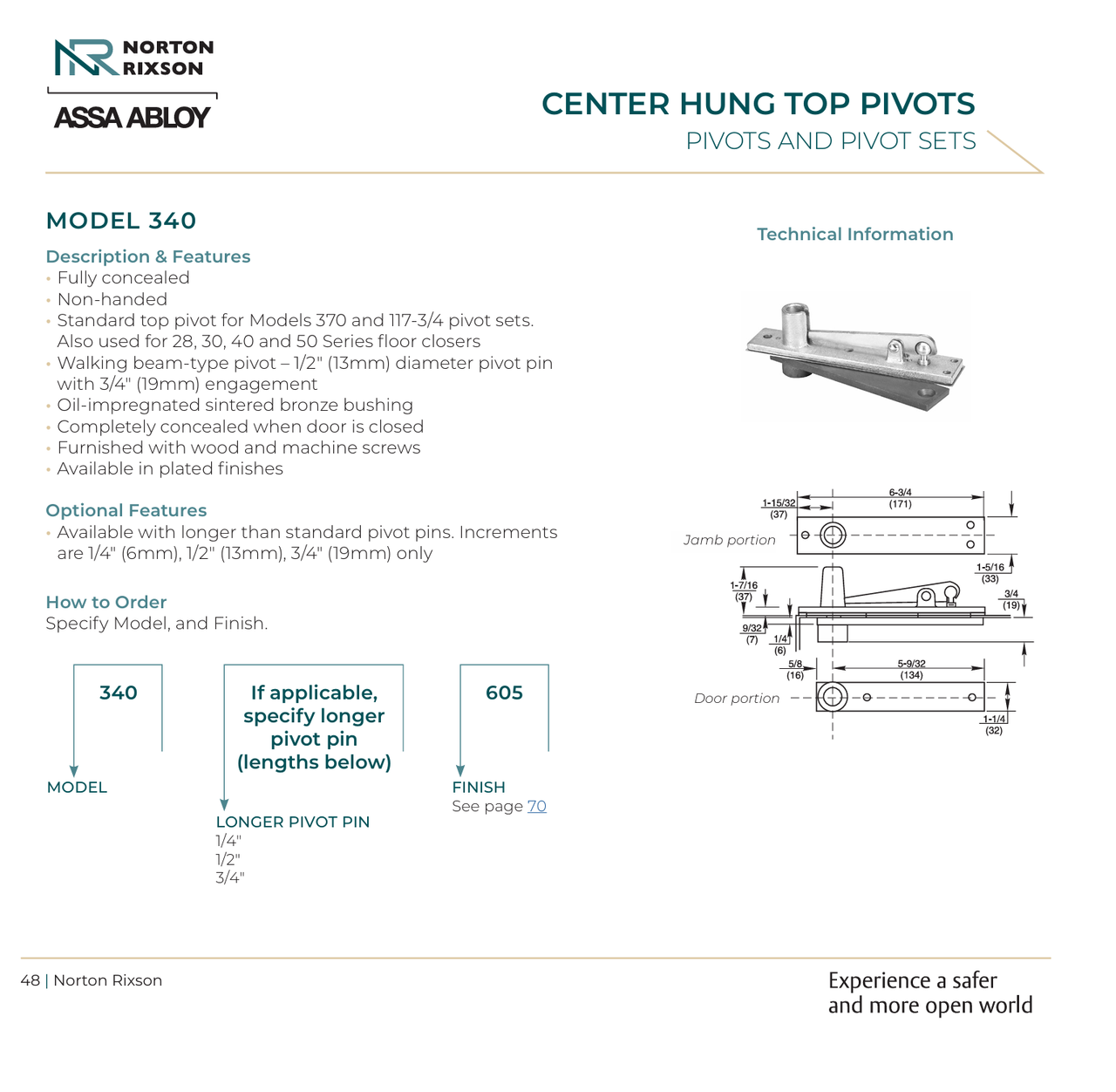 Rixson 340 Center Hung Top Pivot for 370 and 117-3/4 Pivot Sets