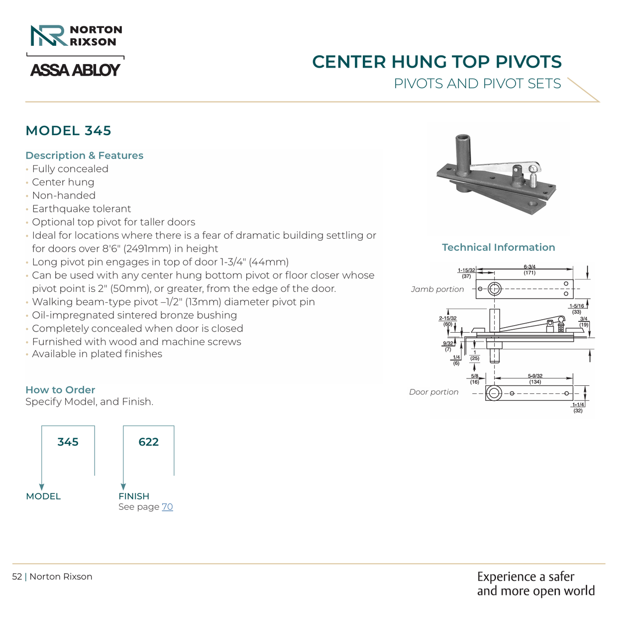 Rixson 345 Center Hung Long Throw Pivot Pin