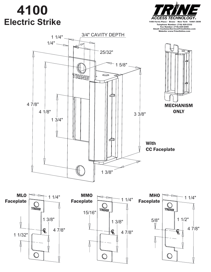 Trine 4100 Electric Strike w/ (4) 4-7/8" x 1-1/4" Faceplates