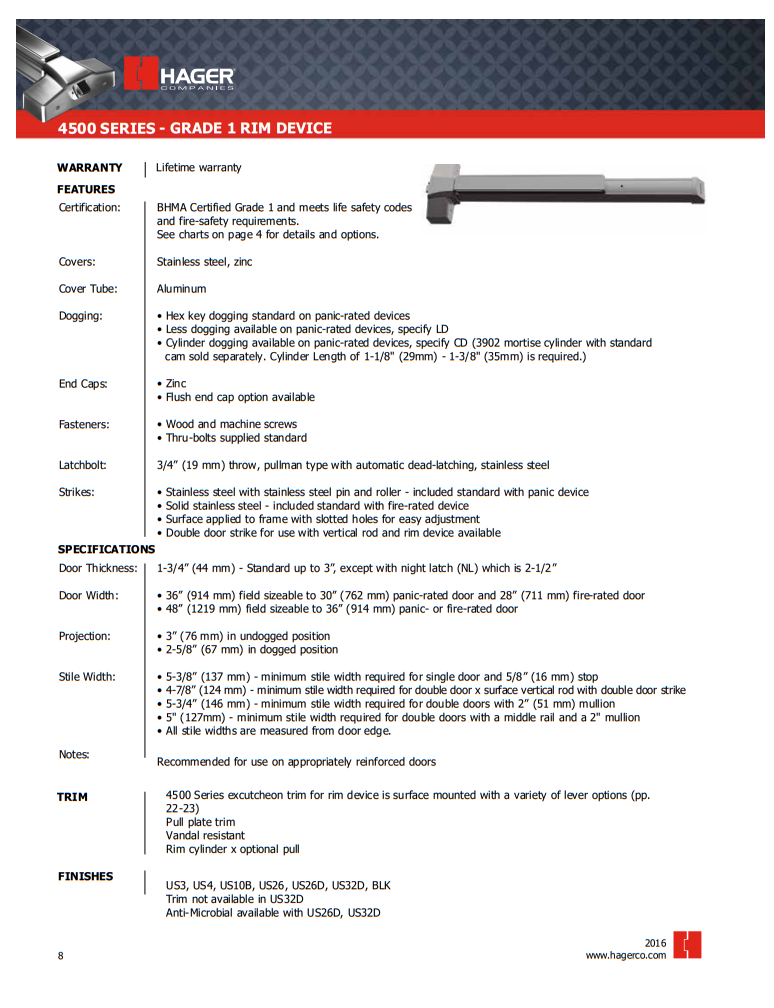 Hager 4501 RIM Grade 1 Rim Exit Bar, Exit Only