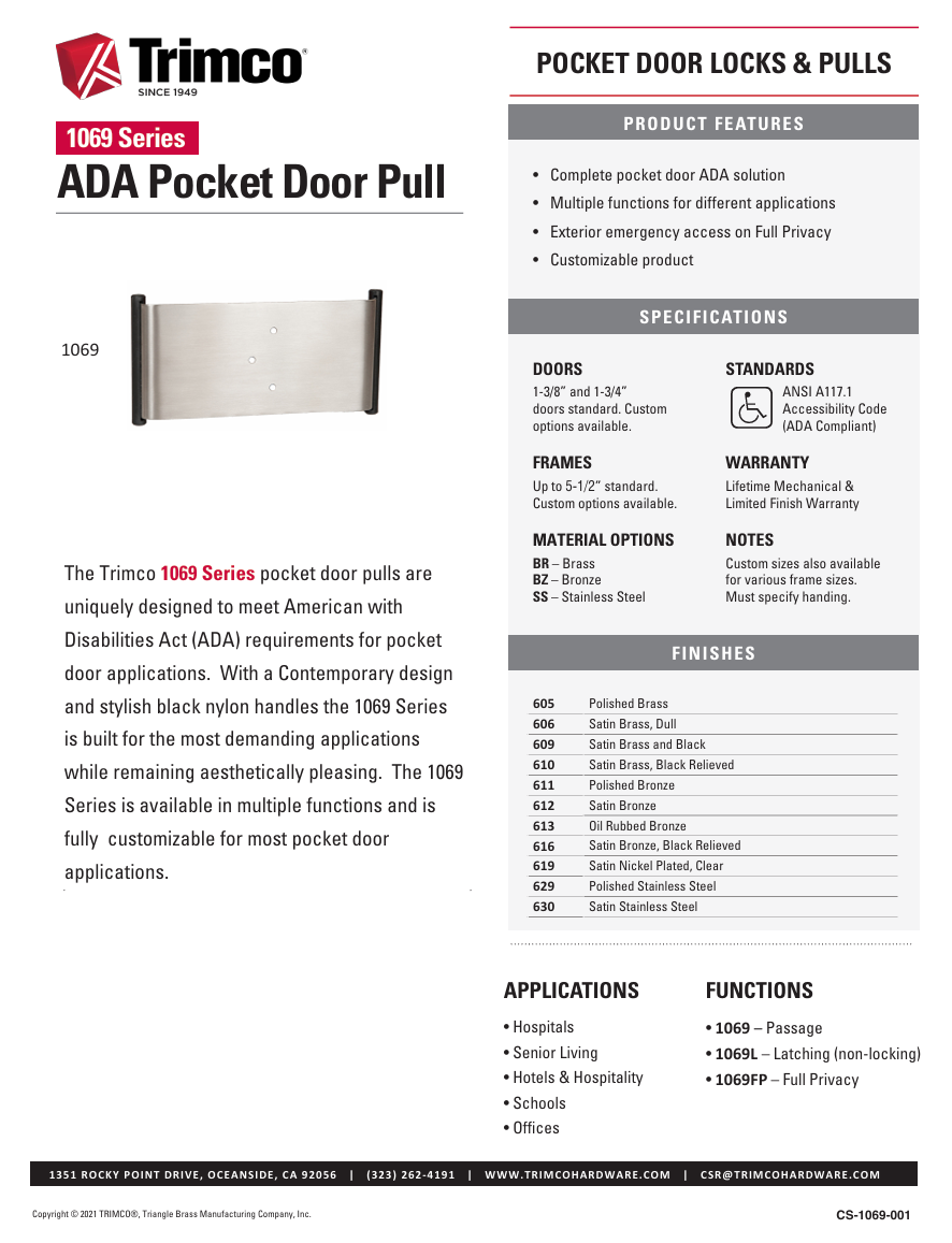 Trimco 1069-A 630 ADA Pocket Door Pull, Passage (Push/Pull), Satin ...