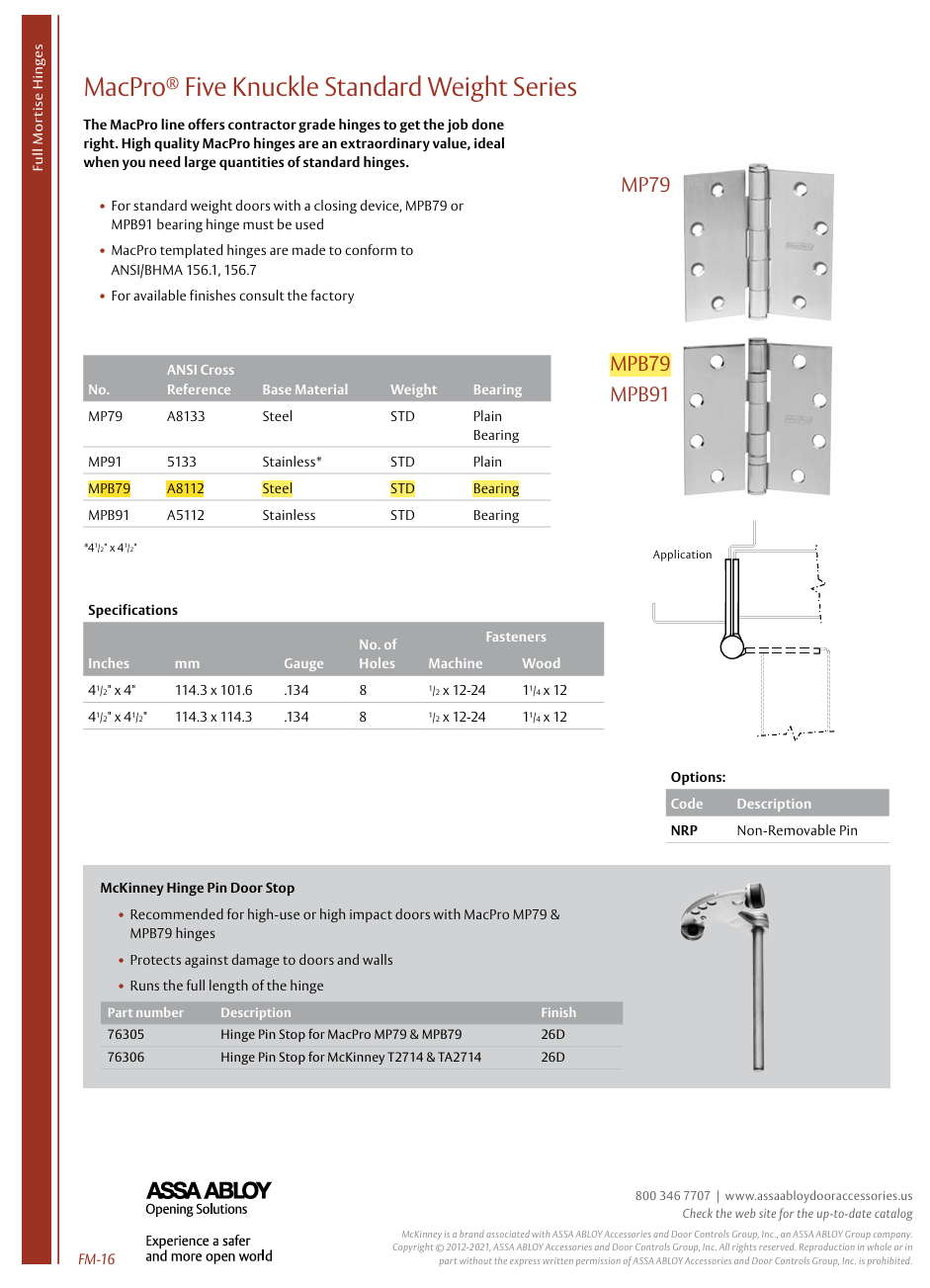 Mckinney MPB79 4-1/2X4-1/2 MacPRO Five Knuckle Full Mortise Hinge ...