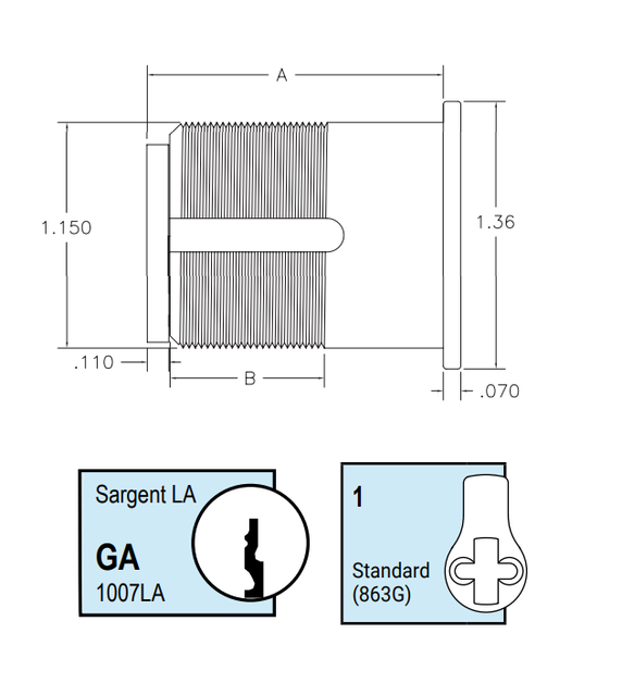 Kaba Ilco 7205GA1-KA2 1-1/4" Mortise Cylinder, Sargent LA Keyway ...