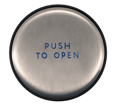 BEA 10EMR6 6" Round Panther Push Plate w/ Blue "Push to Open" Text