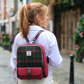 Dark Green and Plum Check Harris Tweed Backpack | Scottish Lion