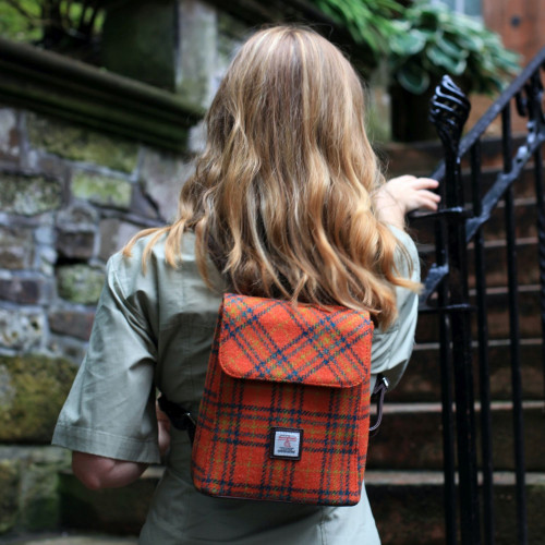 Harris Tweed Deep Orange Check Mini Backpack | Scottish Lion