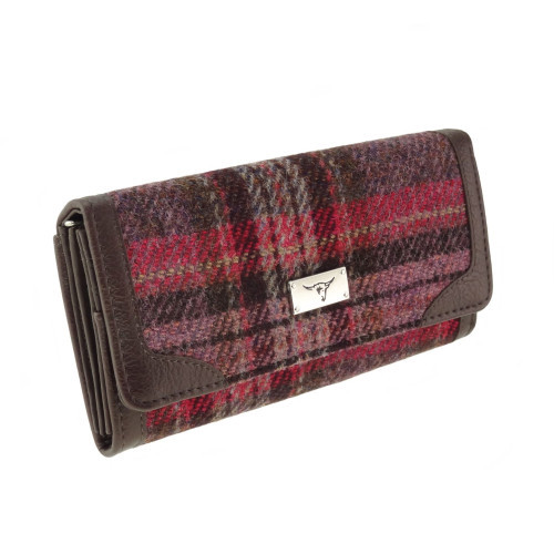 Ladies Harris Tweed Wallet in Burgundy and Pink Tartan | Scottish Lion