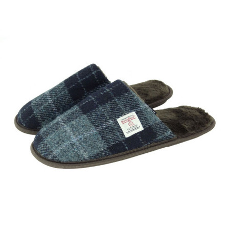 Harris Tweed Slippers in Grey and Black Tartan | Scottish Lion