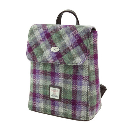 Harris Tweed Purple and Green Plaid Mini Backpack | Scottish Lion