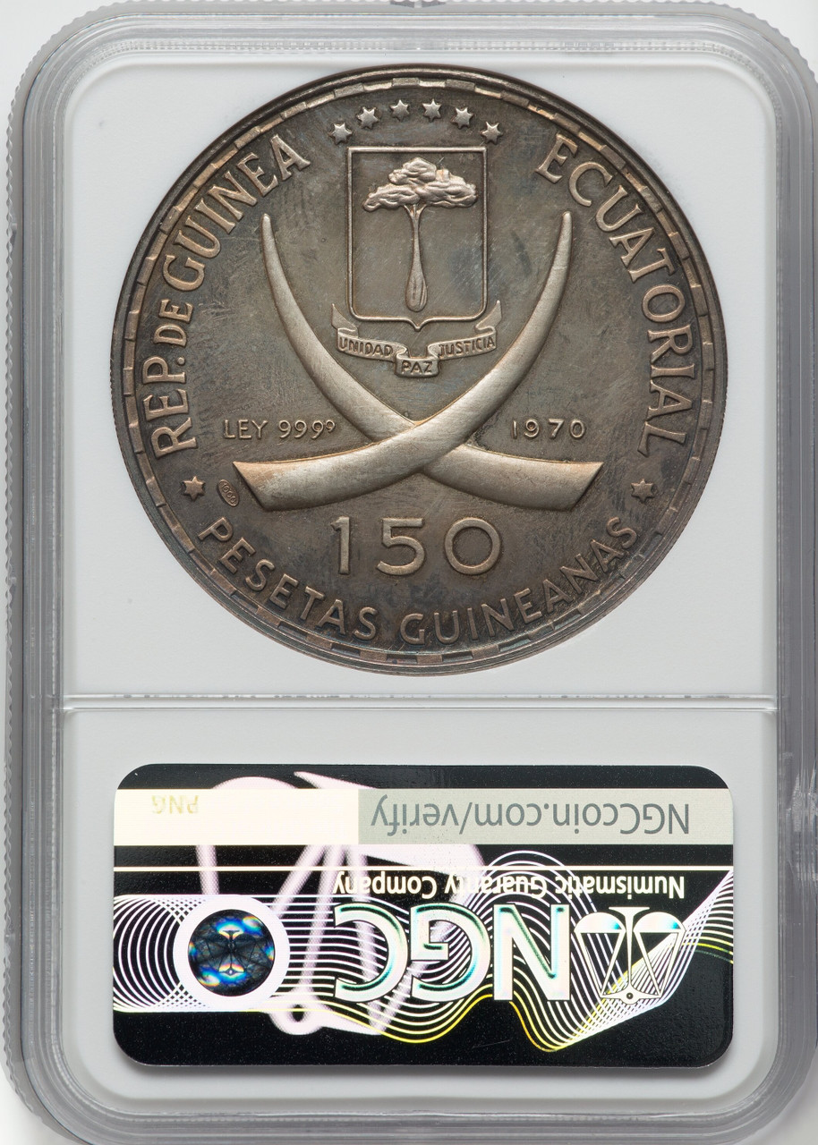 1970 EQ. Guinea Silver 150P NGC PF66 Cameo, Symbols of Rome, Capital ...