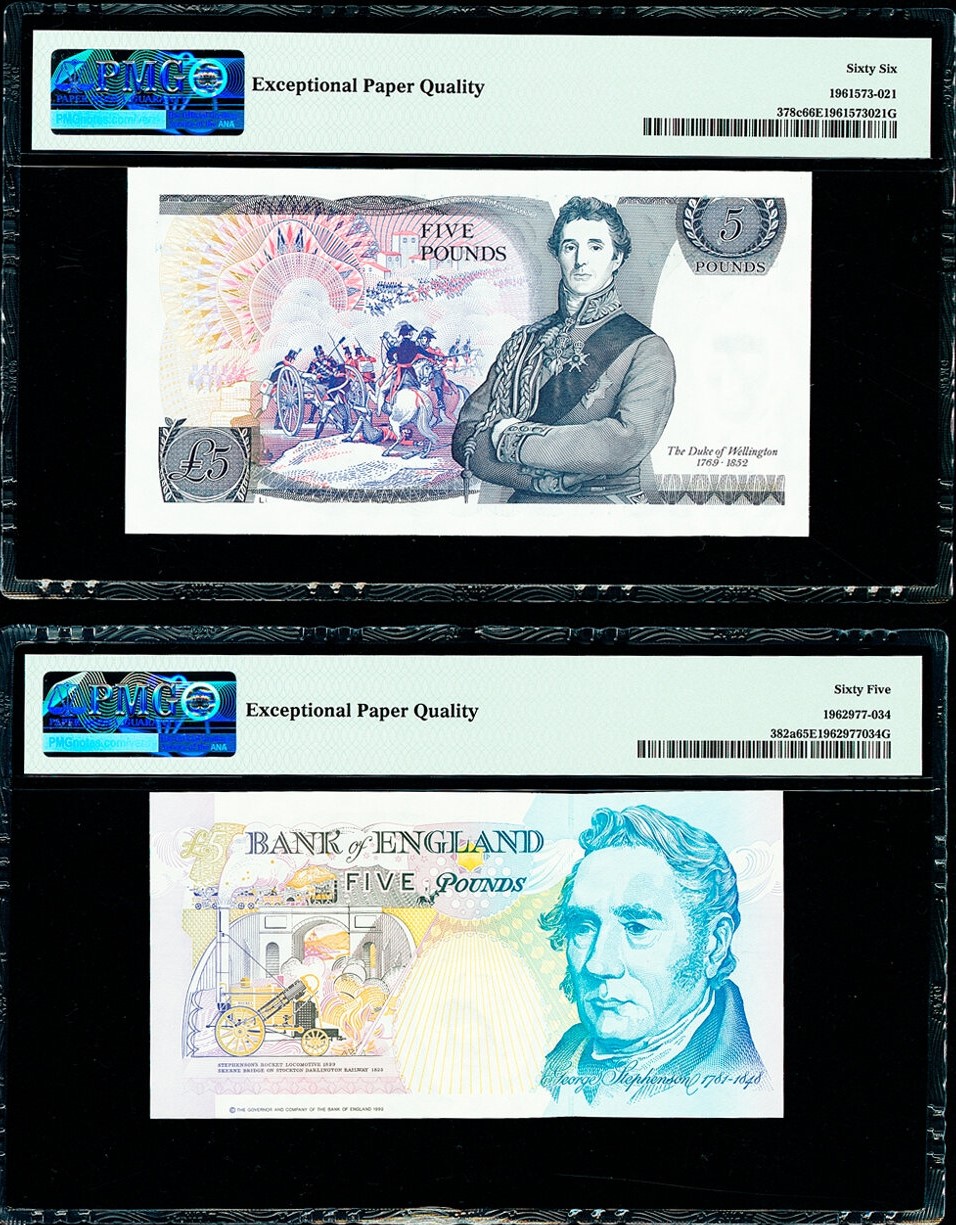 Great Britain 5 Pounds 1980-91 PMG 65 & 66, Queen Elizabeth II, 2 Notes ...