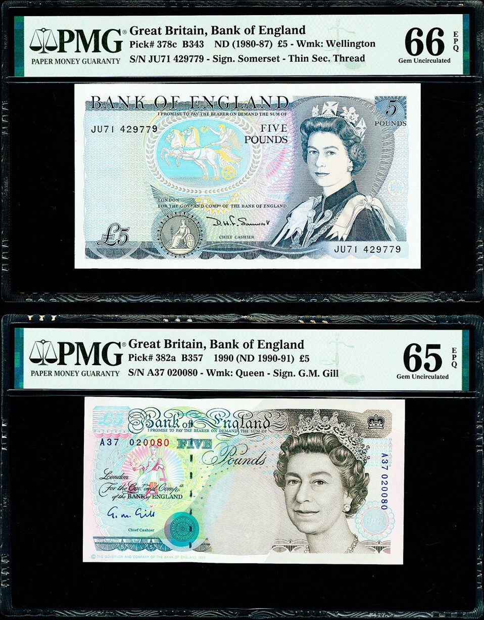 Great Britain 5 Pounds 1980-91 PMG 65 & 66, Queen Elizabeth II, 2 Notes ...