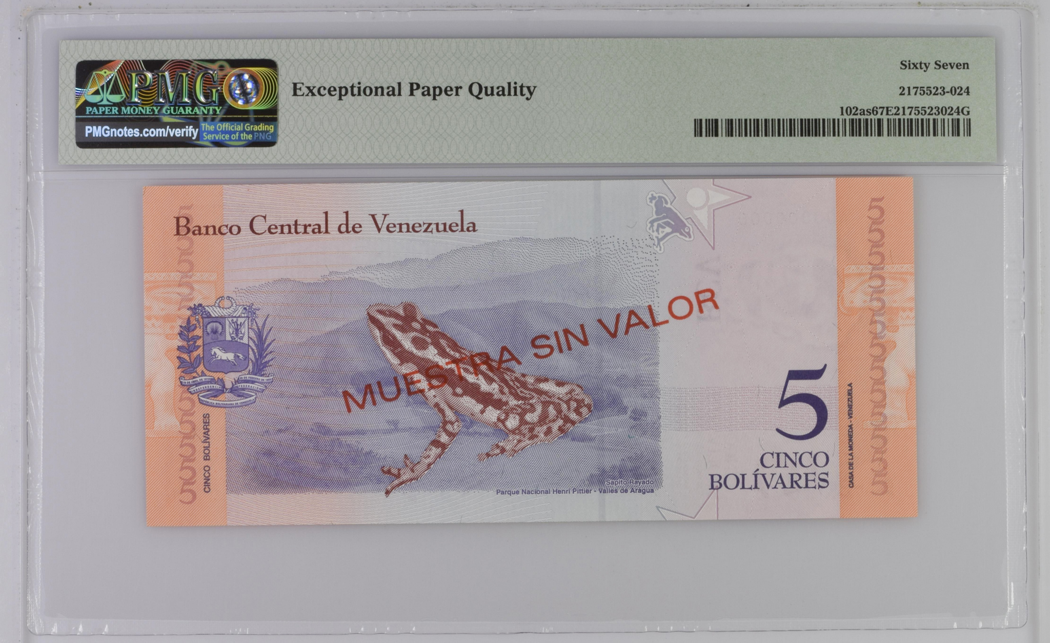 Venezuela 5 Bolivar Soberano 2018 PMG 67, P-102as, Specimen, 1/3 Graded ...