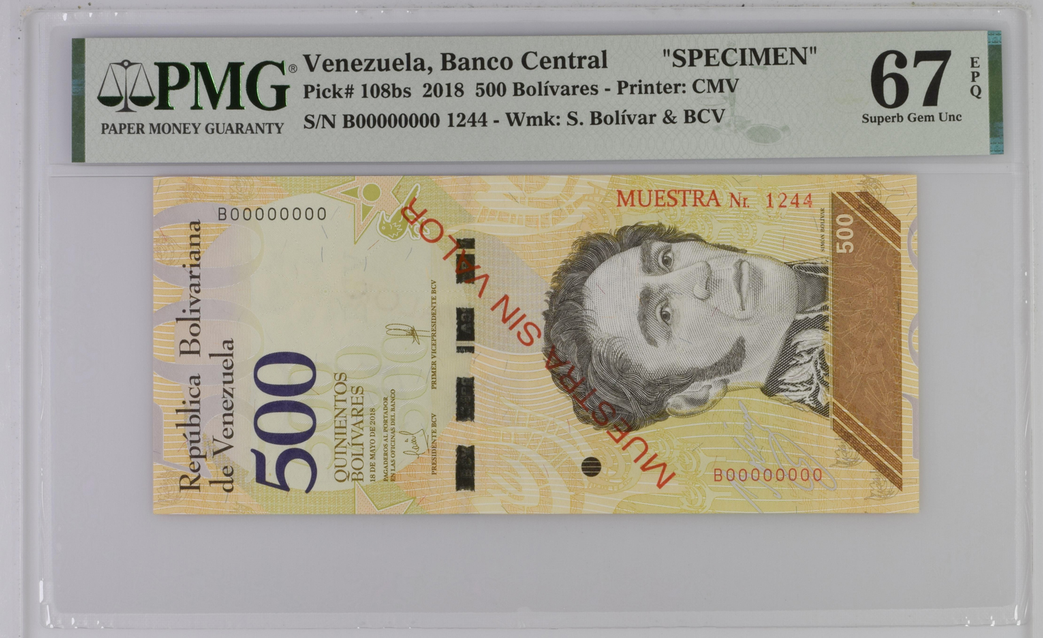 Venezuela Banco Central 500 Bolivares 2018 PMG 67, P-108bs, Specimen ...
