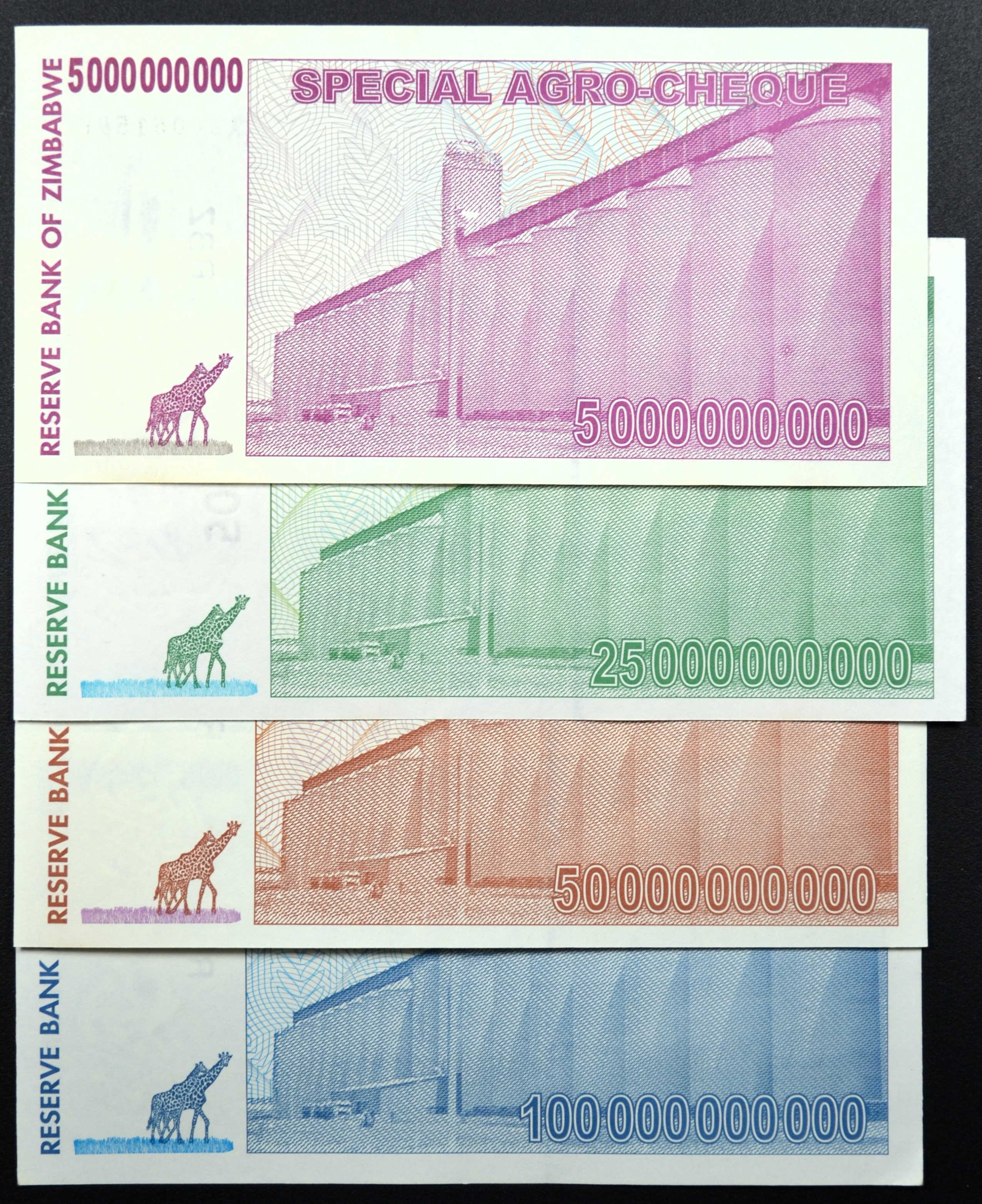 ZIMBABWE 100 50 20 5 Billion Dollars Agro-Cheque Set 4 PCS 2008 P61 62 ...