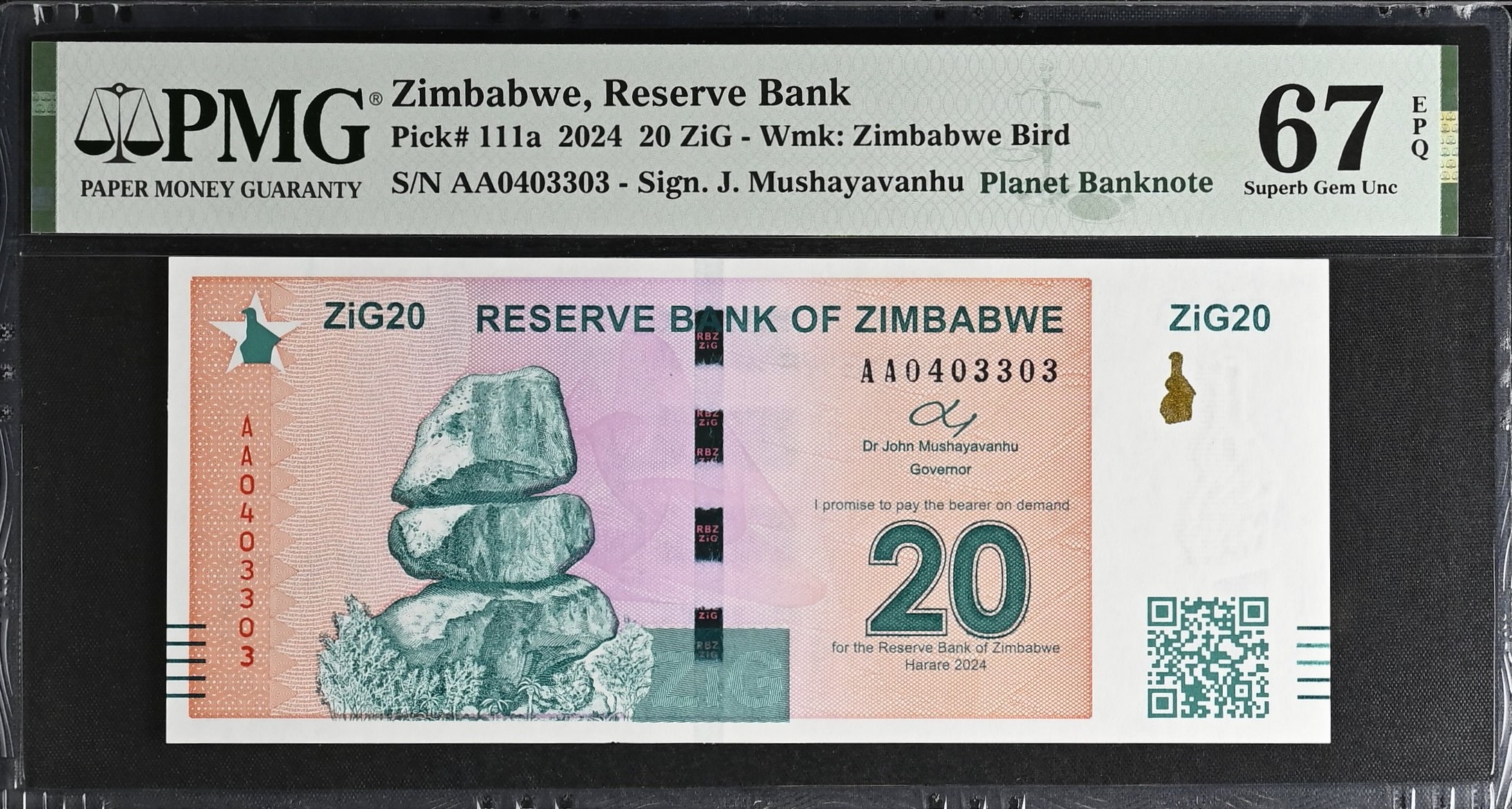 2024 Zimbabwe 20 ZiG PMG 67 EPQ P-111a Planet Banknote Pedigree