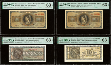 1942-44 Greece WWII 1000-10 Billion Drachmai PMG 63 EPQ 4-Note ...